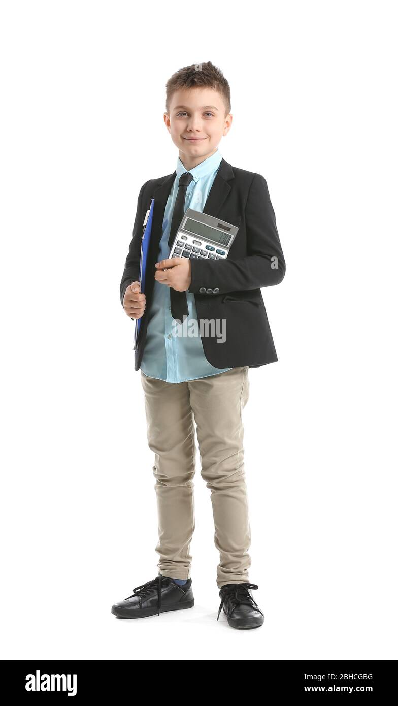 Little accountant on white background Stock Photo - Alamy