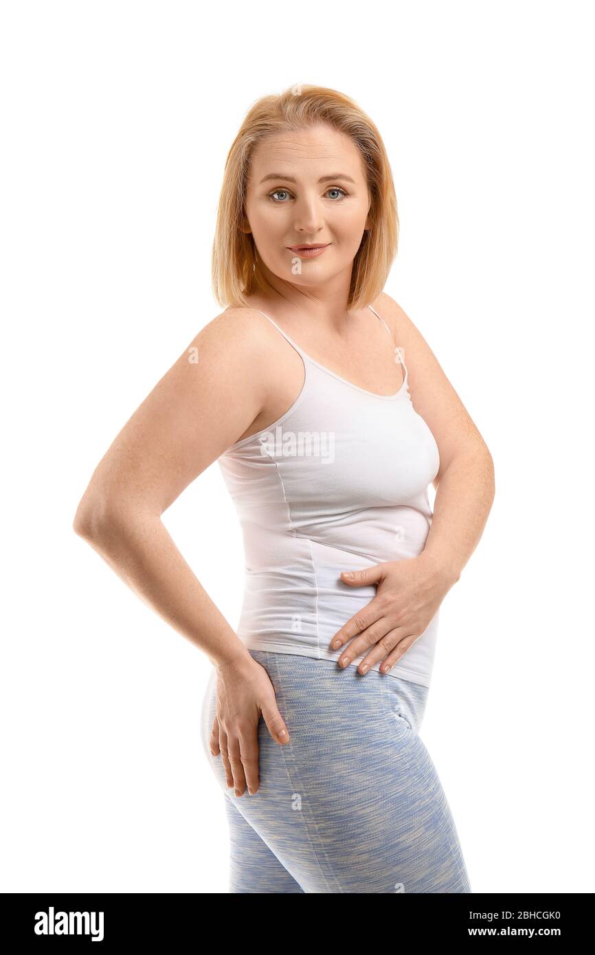 Overweight woman on white background Stock Photo - Alamy