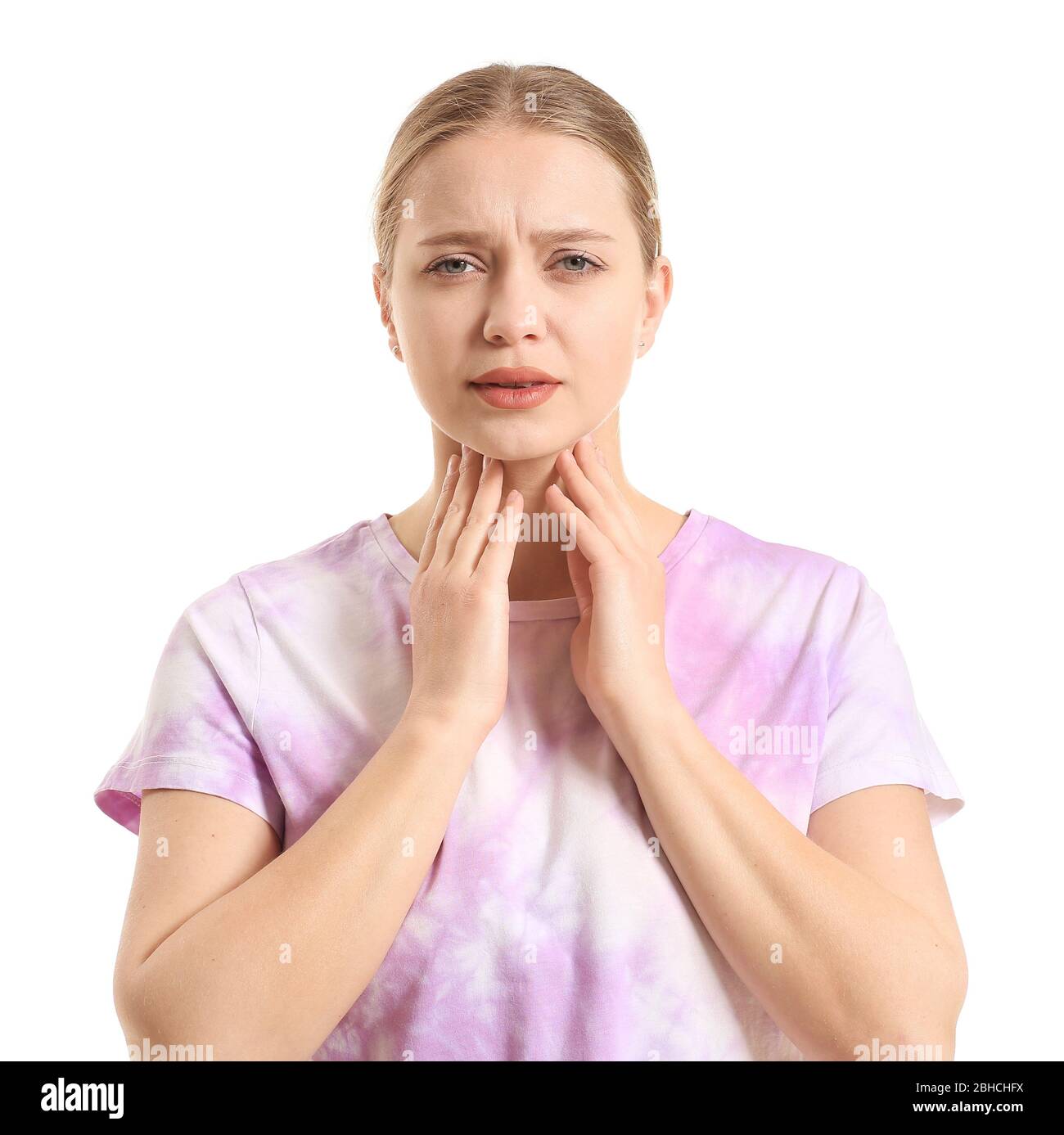 Young woman with thyroid gland problem on white background Stock Photo ...