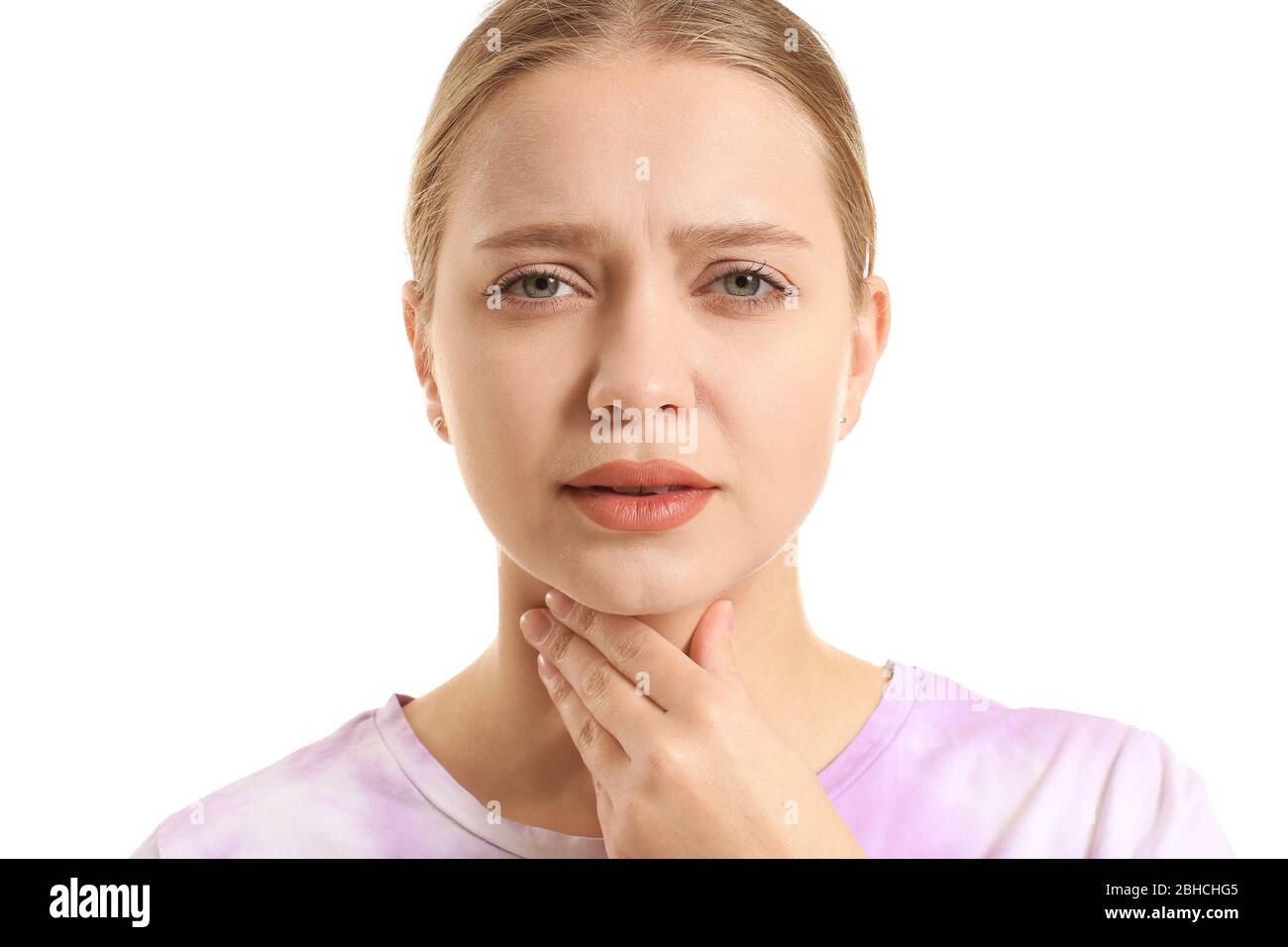 Young woman with thyroid gland problem on white background Stock Photo ...