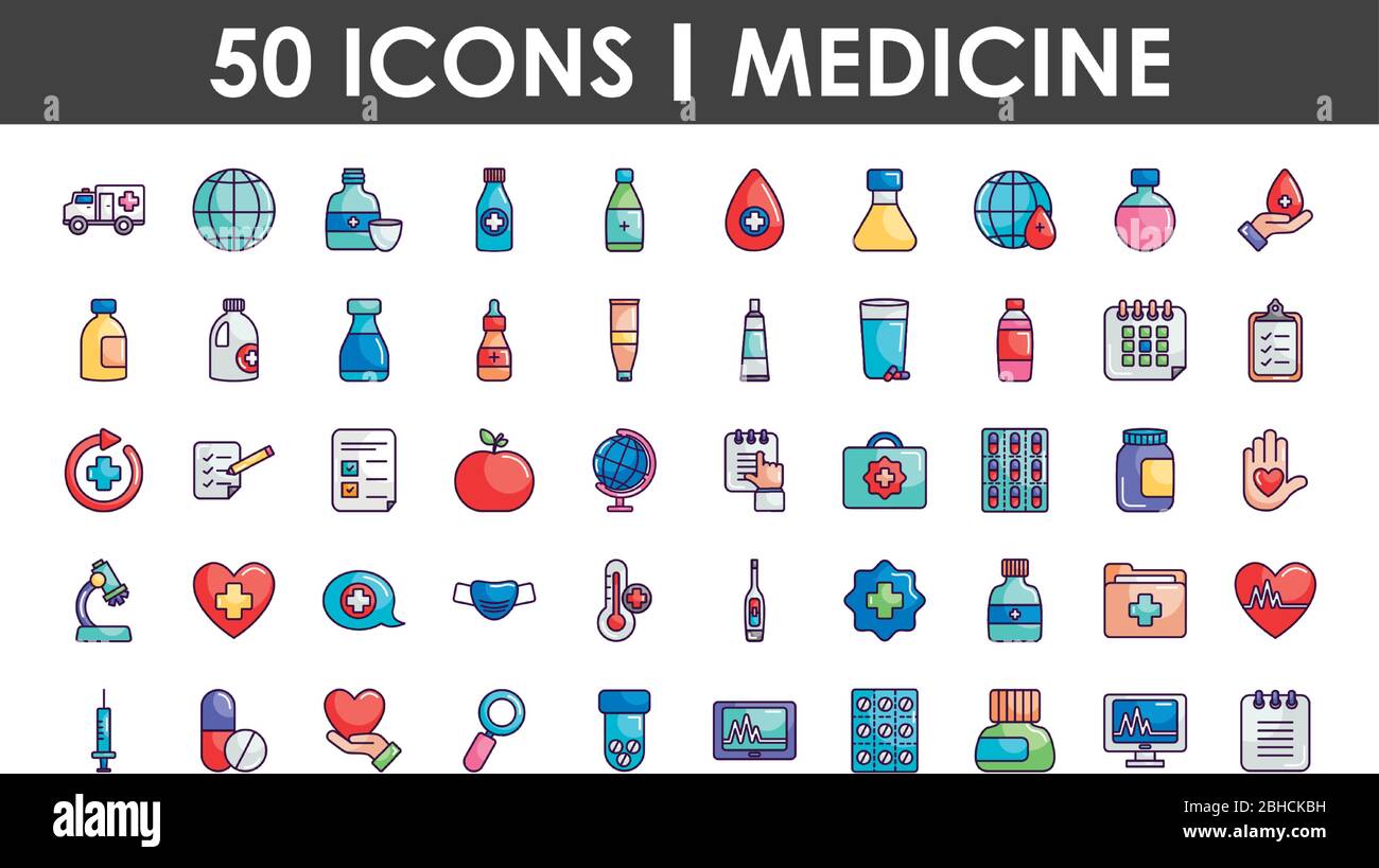 medicine icon set over white background, line color style, vector ...