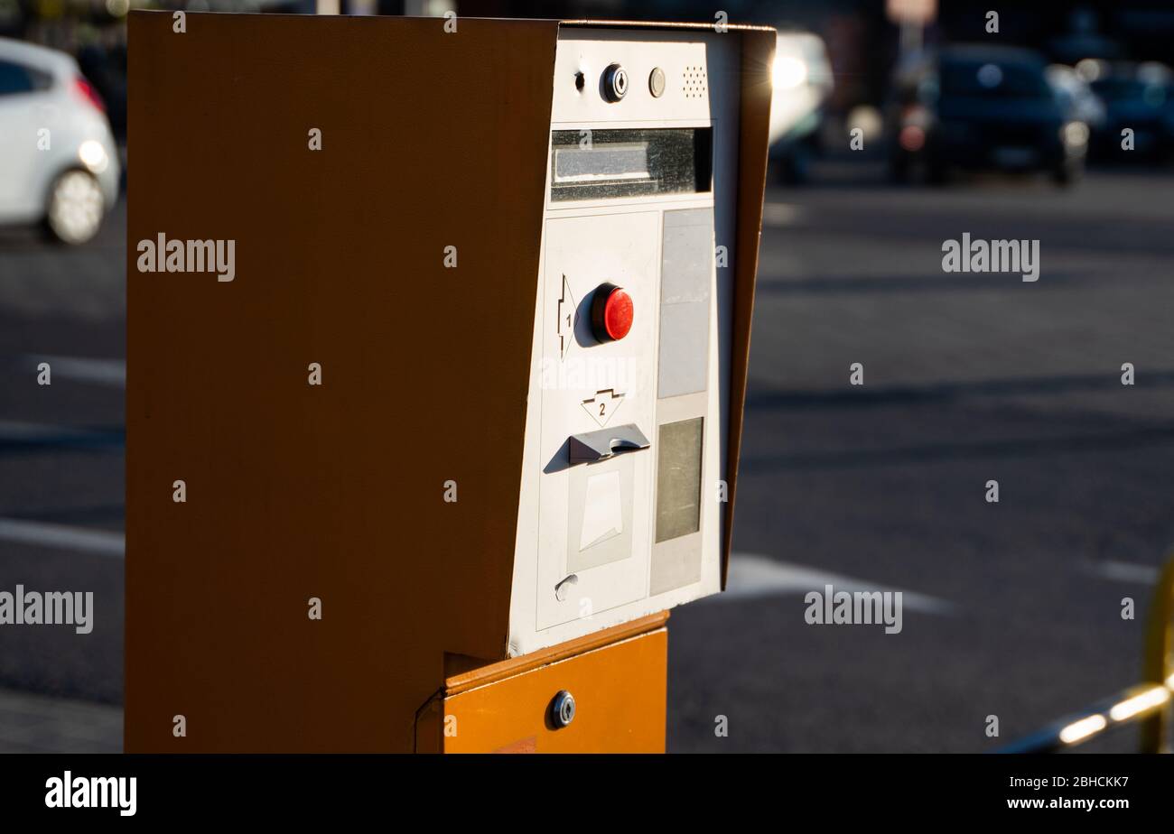 Parking tickets machine on a entree in parking area Stock Photo - Alamy