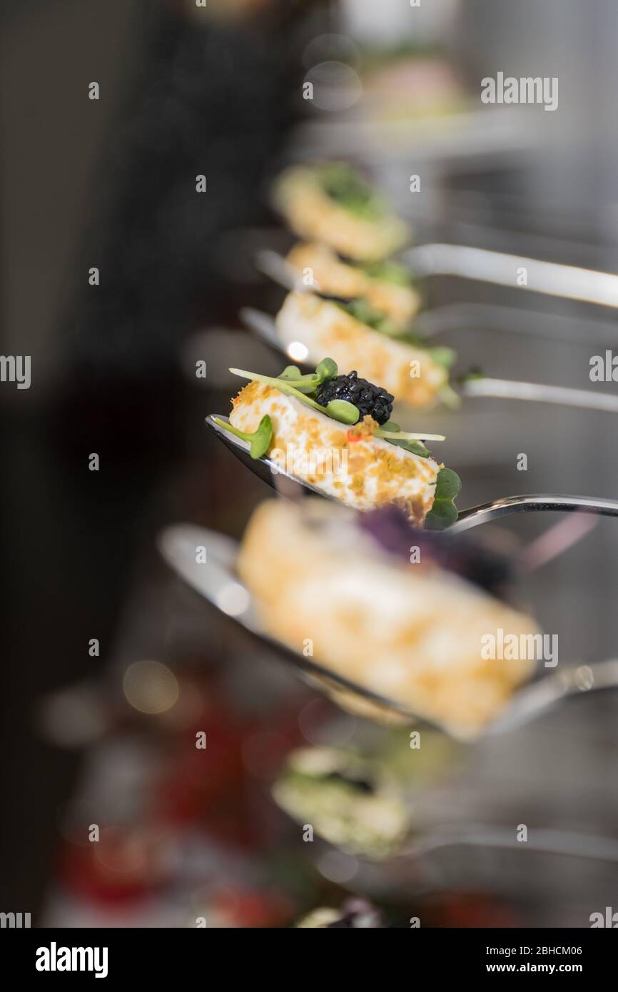 Tasty canapes plates in line hanging with caviar and cream cheese ...