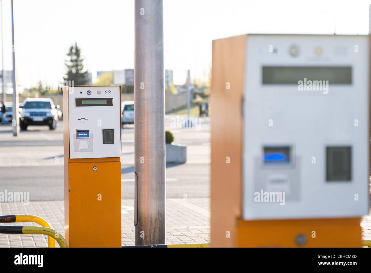 Parking tickets machine on a exit from a parking area Stock Photo - Alamy