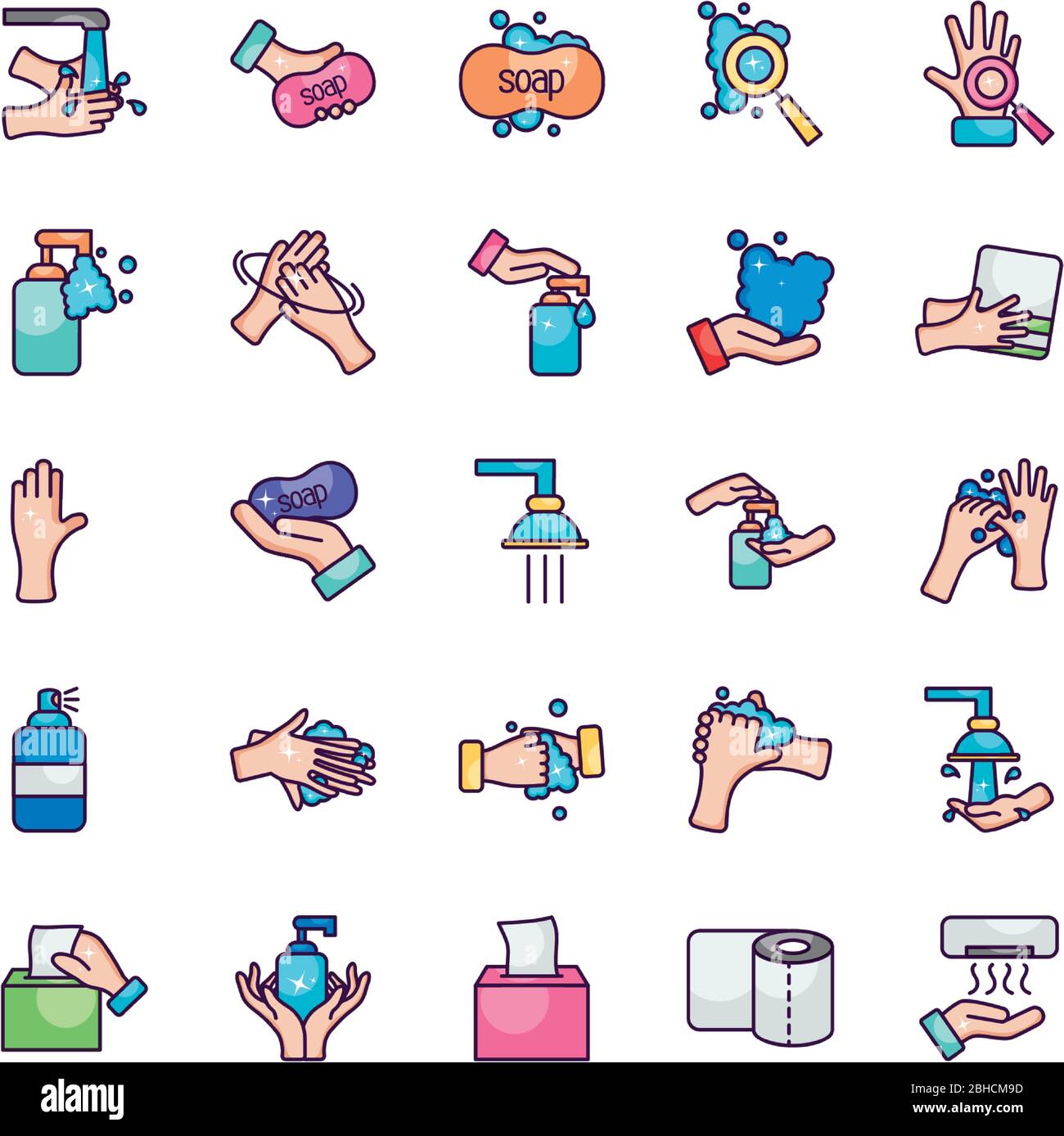 soap and hand hygiene icon set over white background, line color style ...