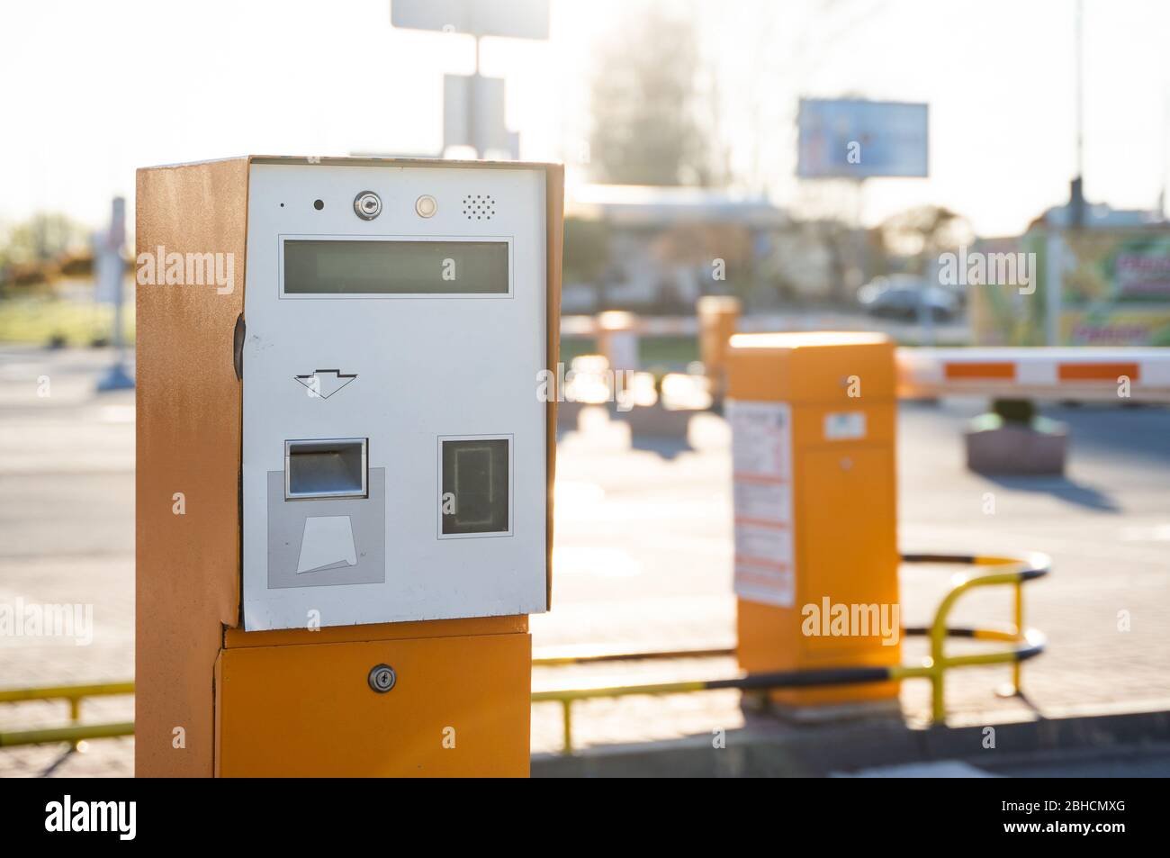 Parking tickets machine on a exit from a parking area Stock Photo - Alamy