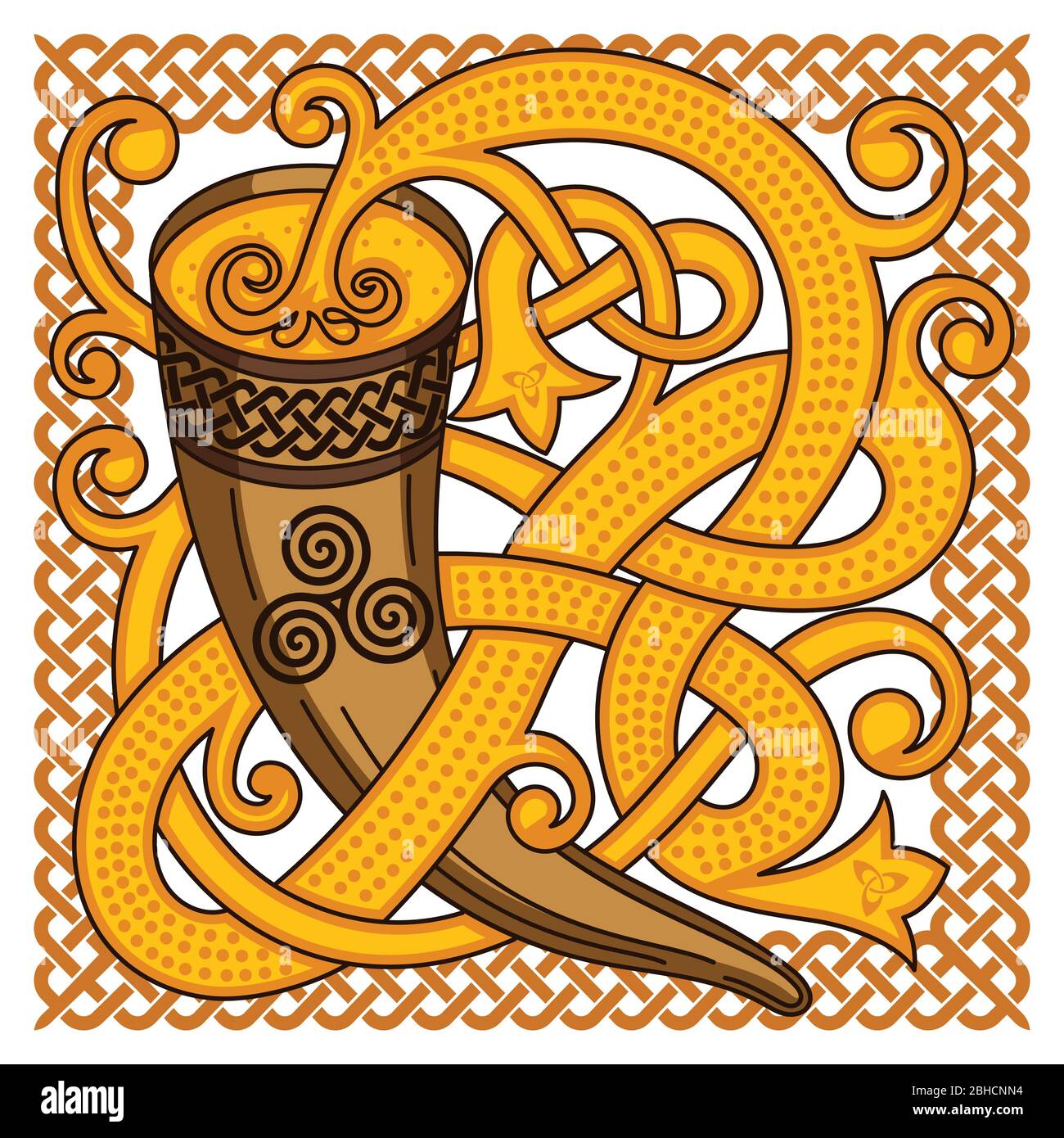Celtic, Scandinavian design. Drinking horn with mead and woven pattern ...