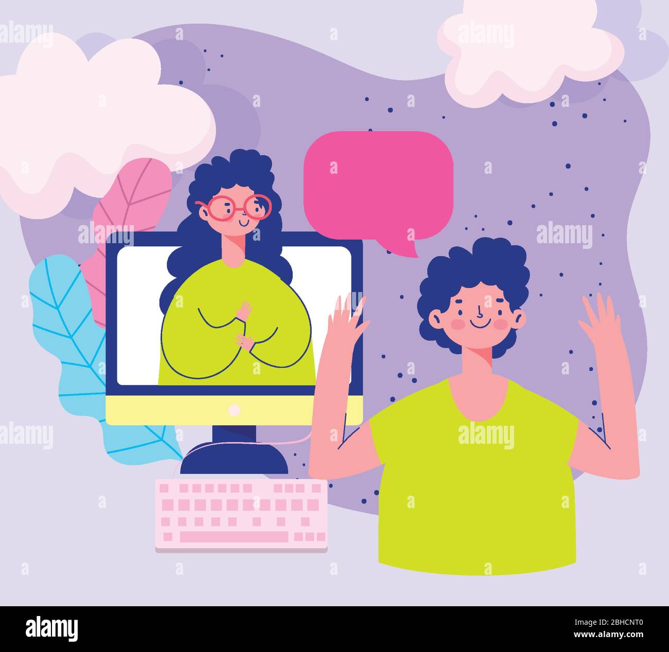 education online, students boy and girl computer talking vector ...