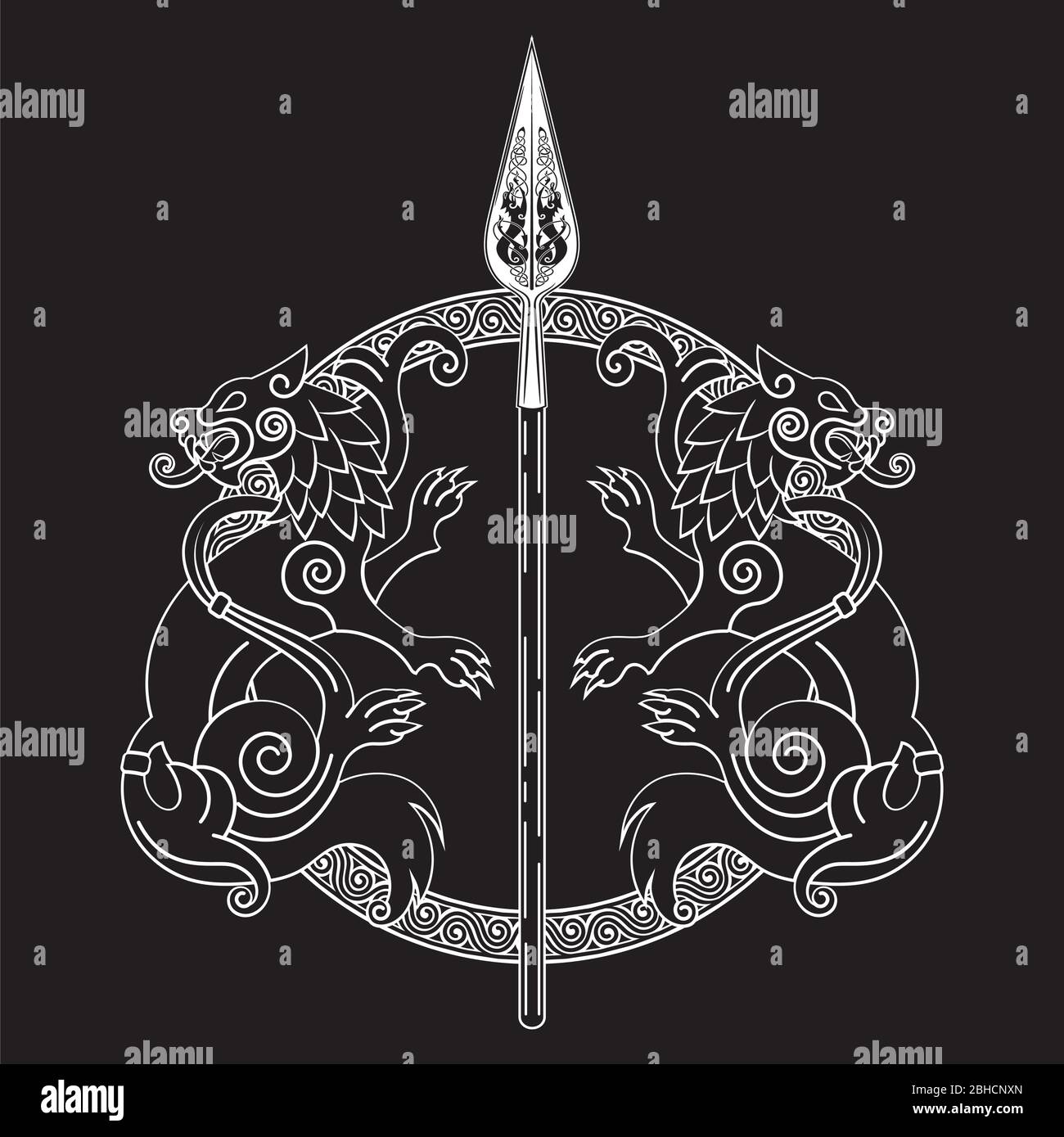 The Spear Of The God Odin - Gungnir. Two wolves and Scandinavian ...