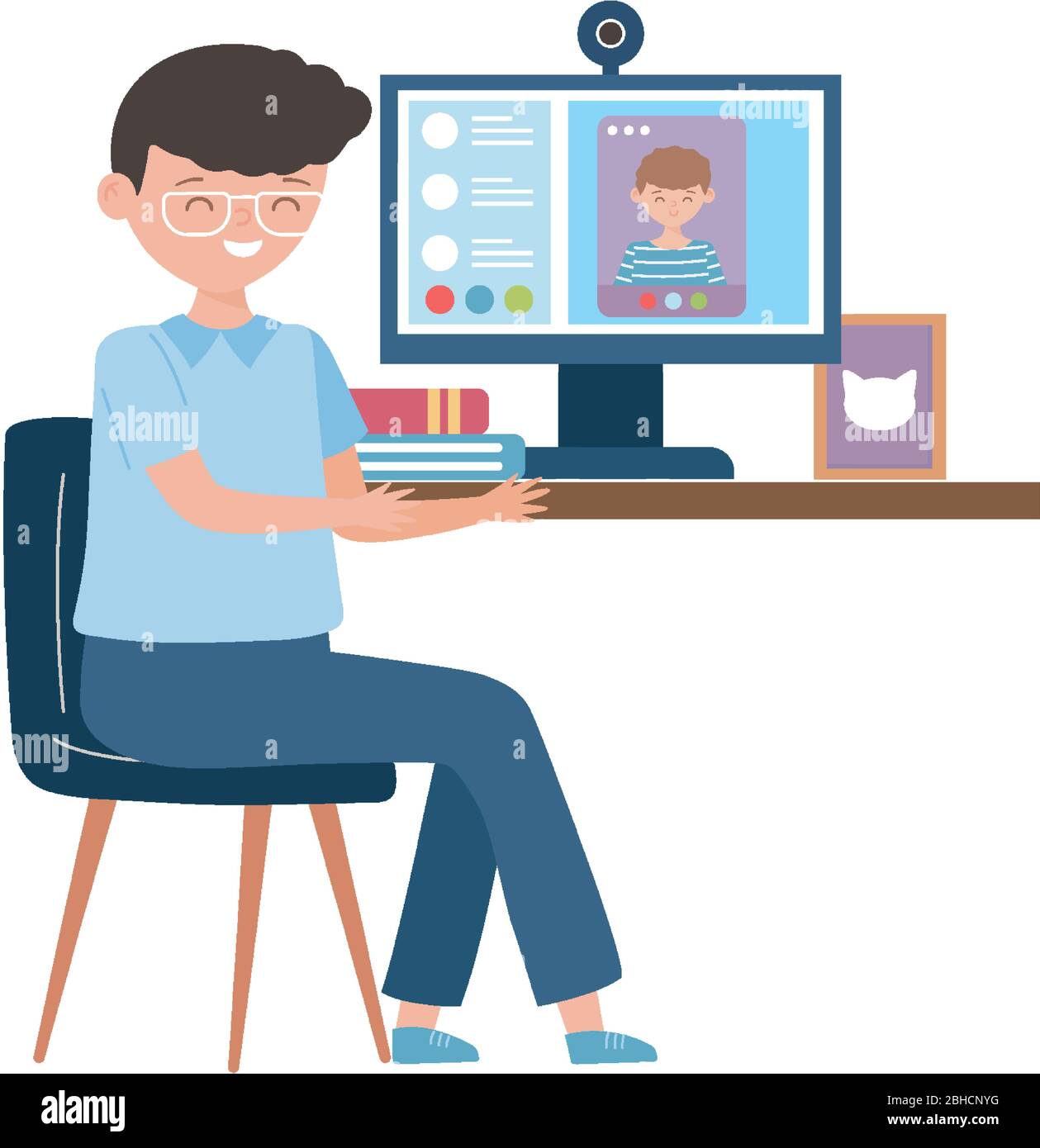 stay at home, online education teacher with computer vector ...