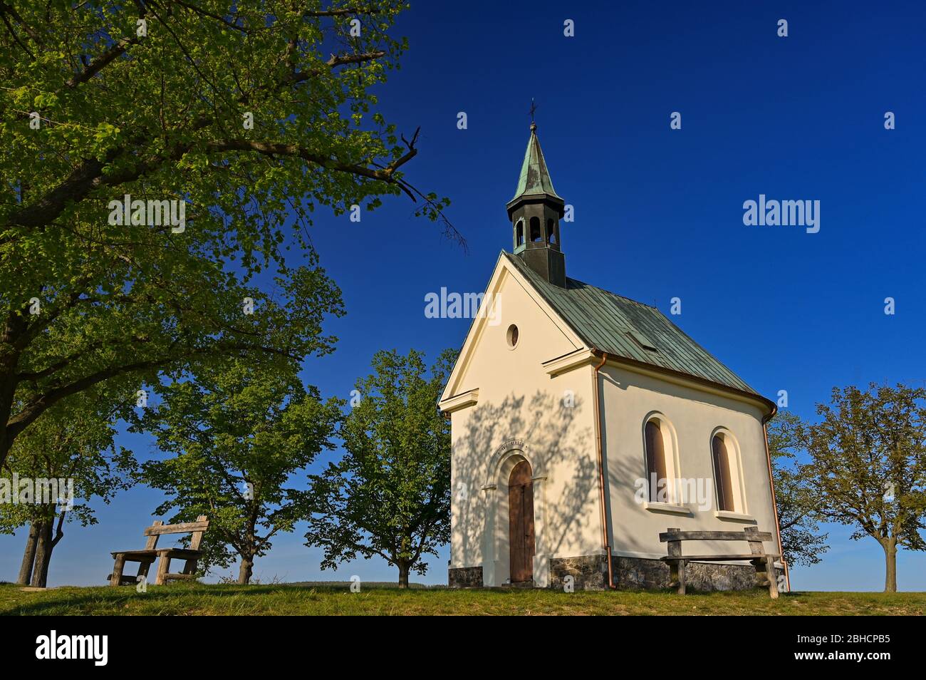 Beautiful little church with trees and blue sky. Brno-Lisen - Czech ...