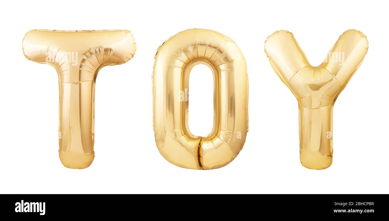 Toy word made of golden inflatable balloons isolated on white Stock ...
