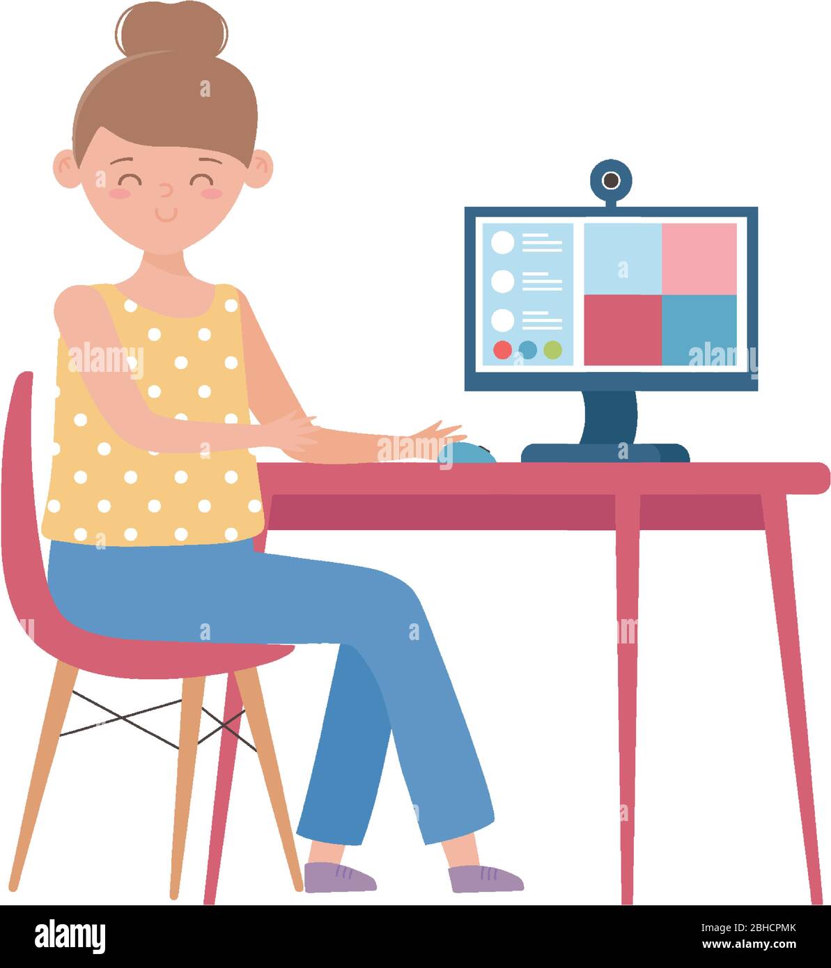 stay at home, woman with computer online connected vector illustration ...