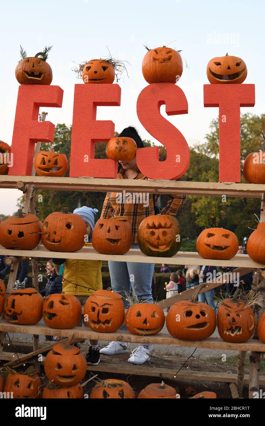 Outdoor pumpkin festival, Halloween authentic event, hand carved ...
