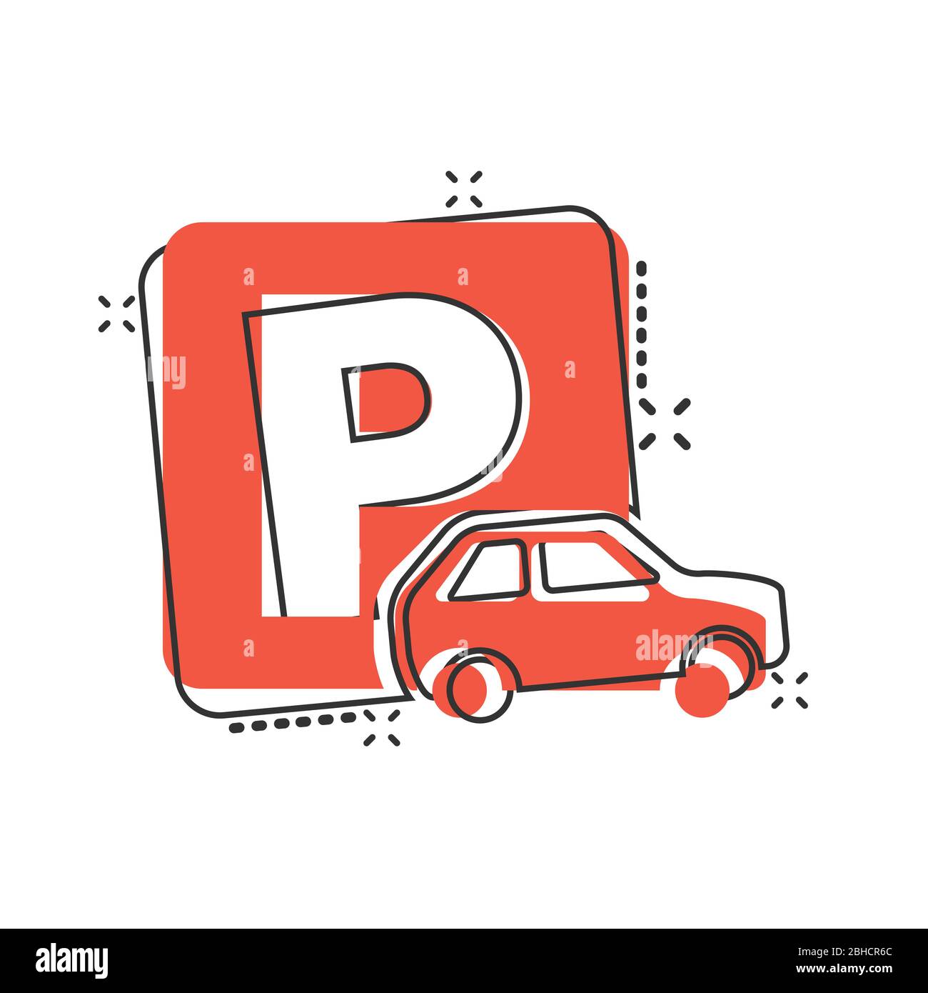 Car parking icon in comic style. Auto stand cartoon vector illustration ...