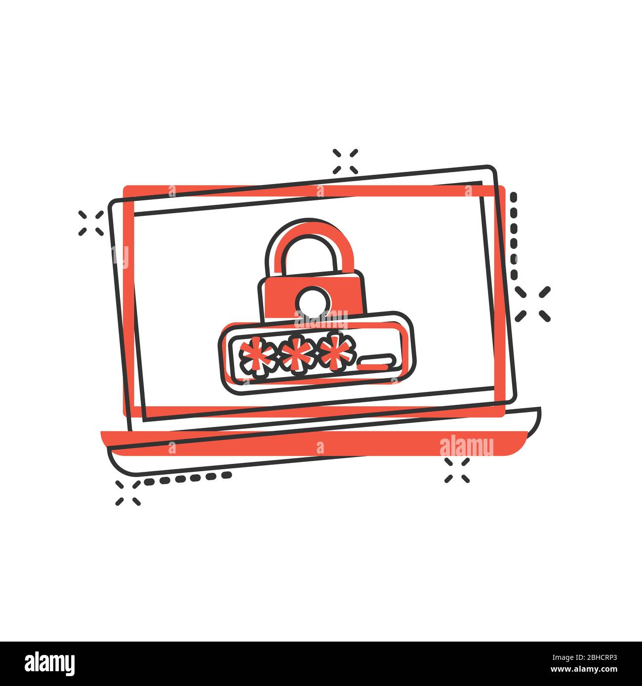 Laptop with password icon in comic style. Computer access cartoon ...