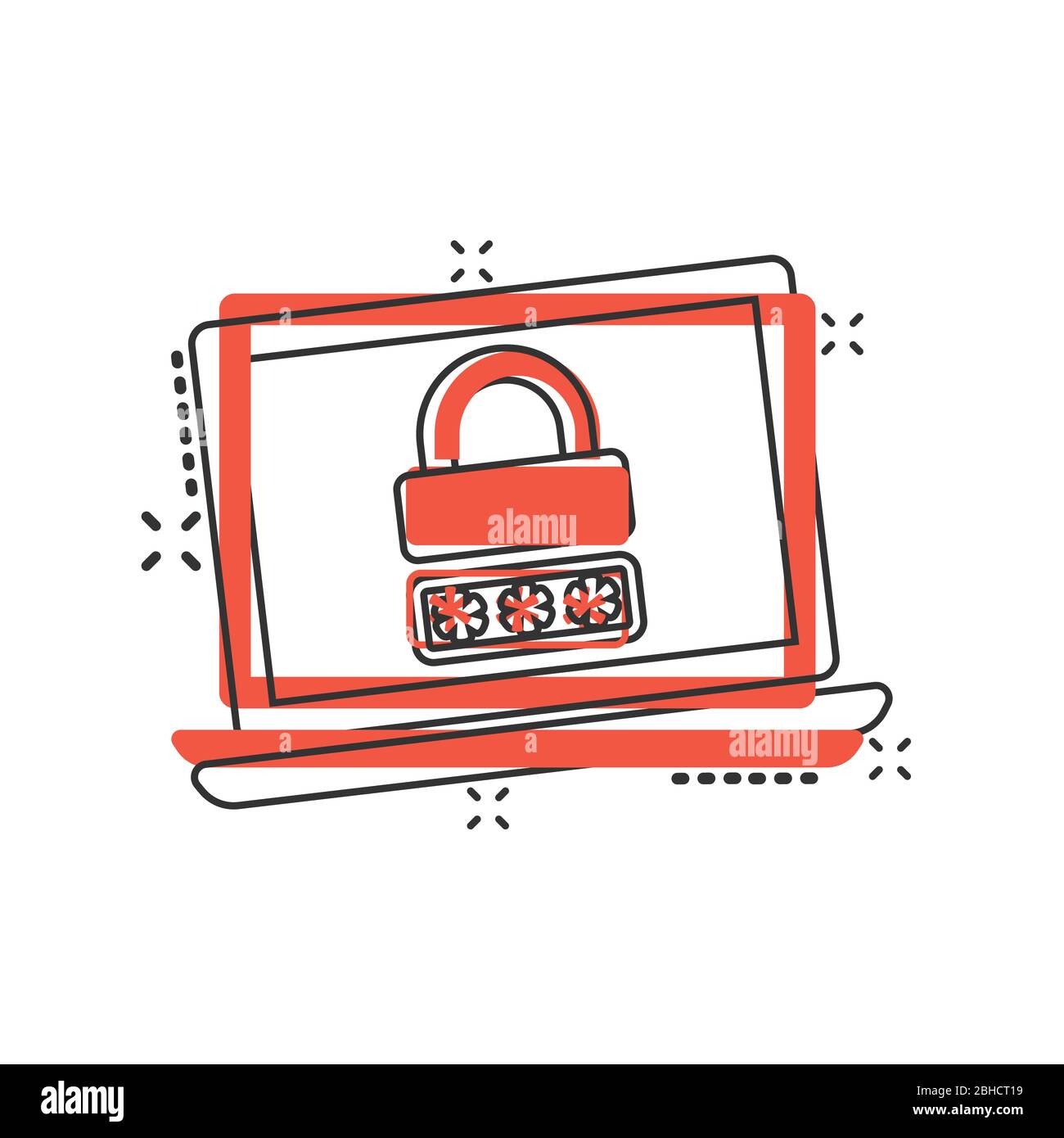 Laptop with password icon in comic style. Computer access cartoon ...