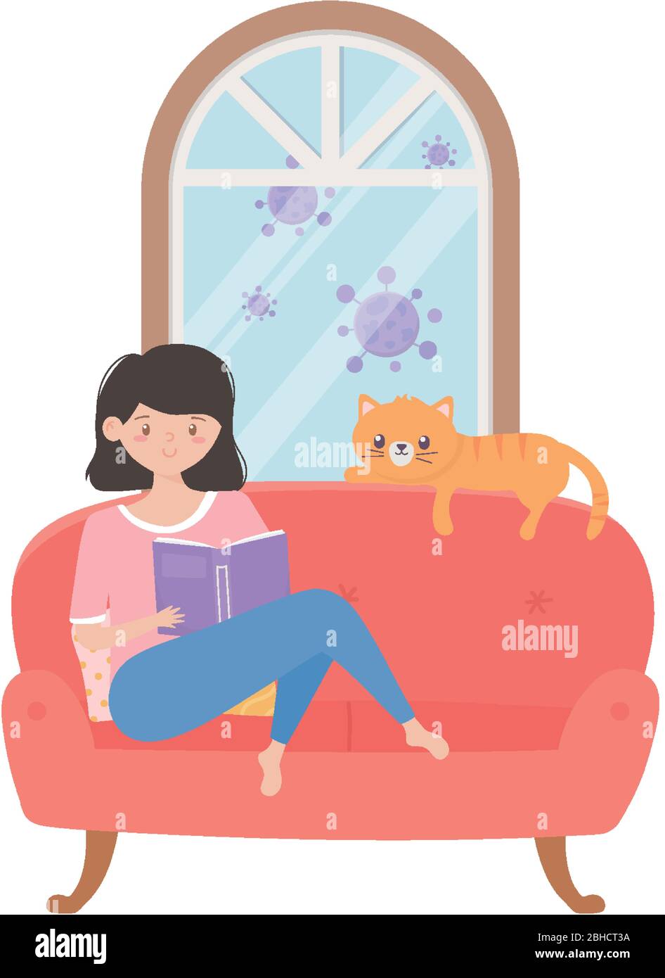 stay at home, girl reading book on sofa with cat cartoon vector ...