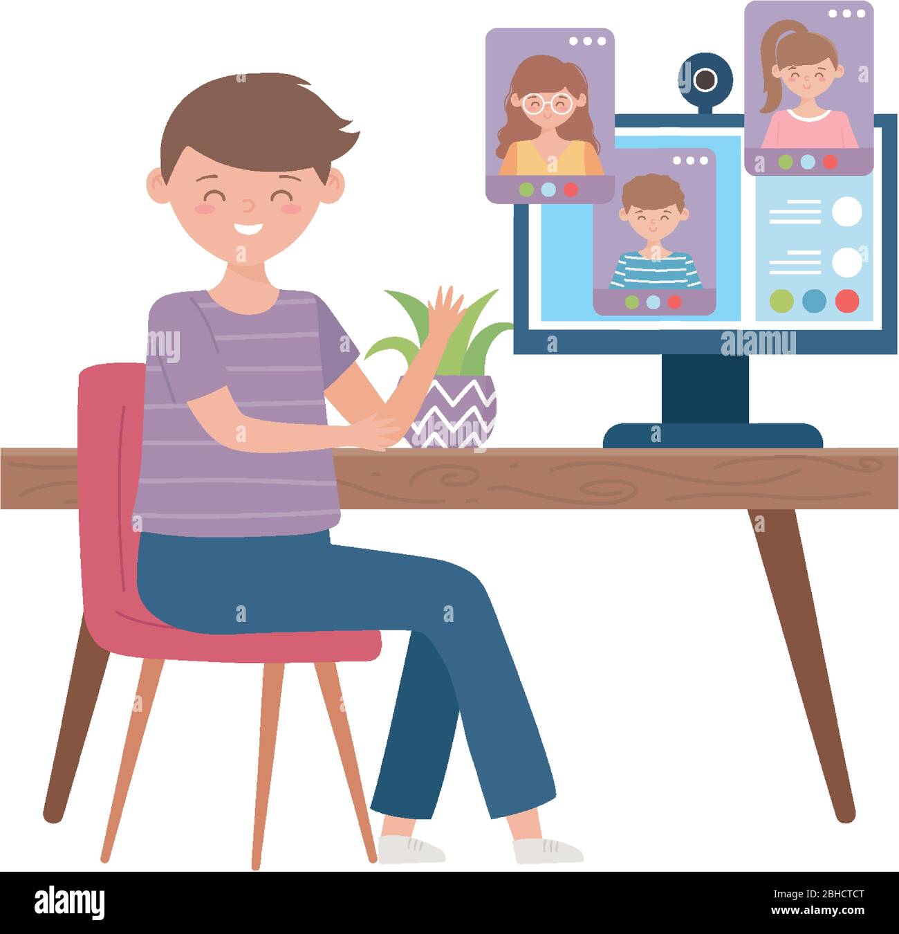 stay at home, education online boy with computer talking people vector ...