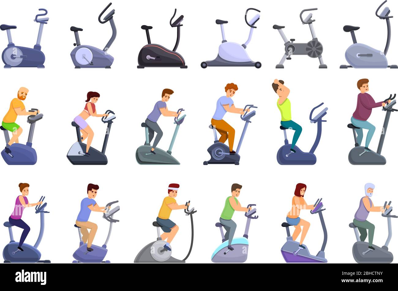 Exercise bike icons set. Cartoon set of exercise bike vector icons for ...
