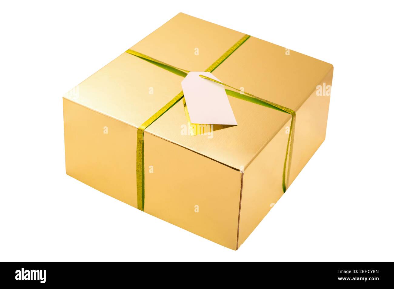 Golden square box with bibbon and blank white card isolated on white ...