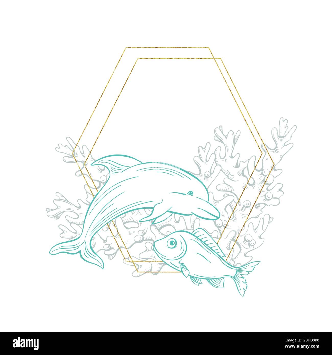 Marine art wreath, vector sketch line art ocean dolphin and sea corals ...