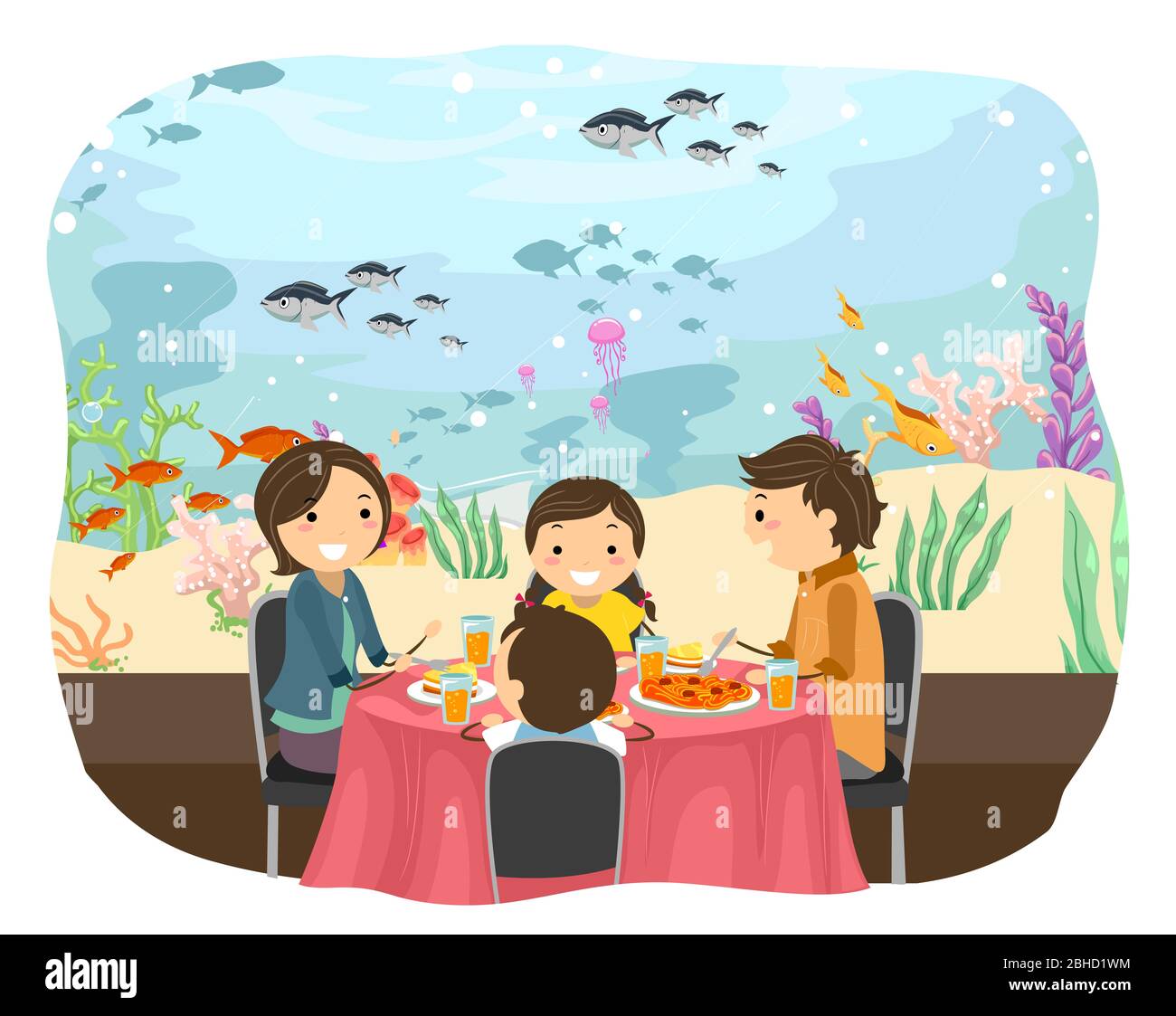 Illustration of Stickman Family Eating with a Big Aquarium Setting ...