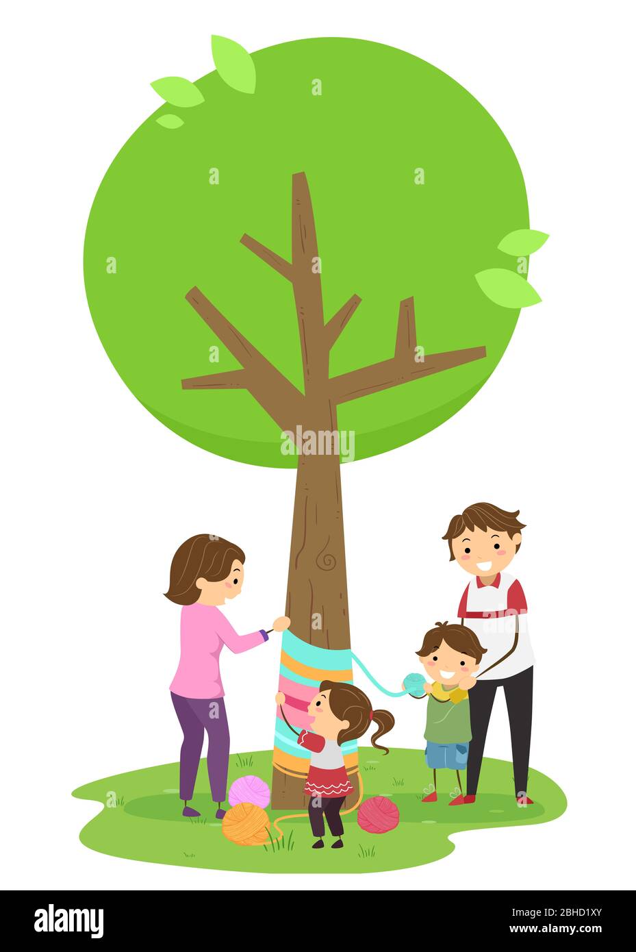 Illustration of Stickman Family Holding Yarns and Yarn Bombing a Tree ...