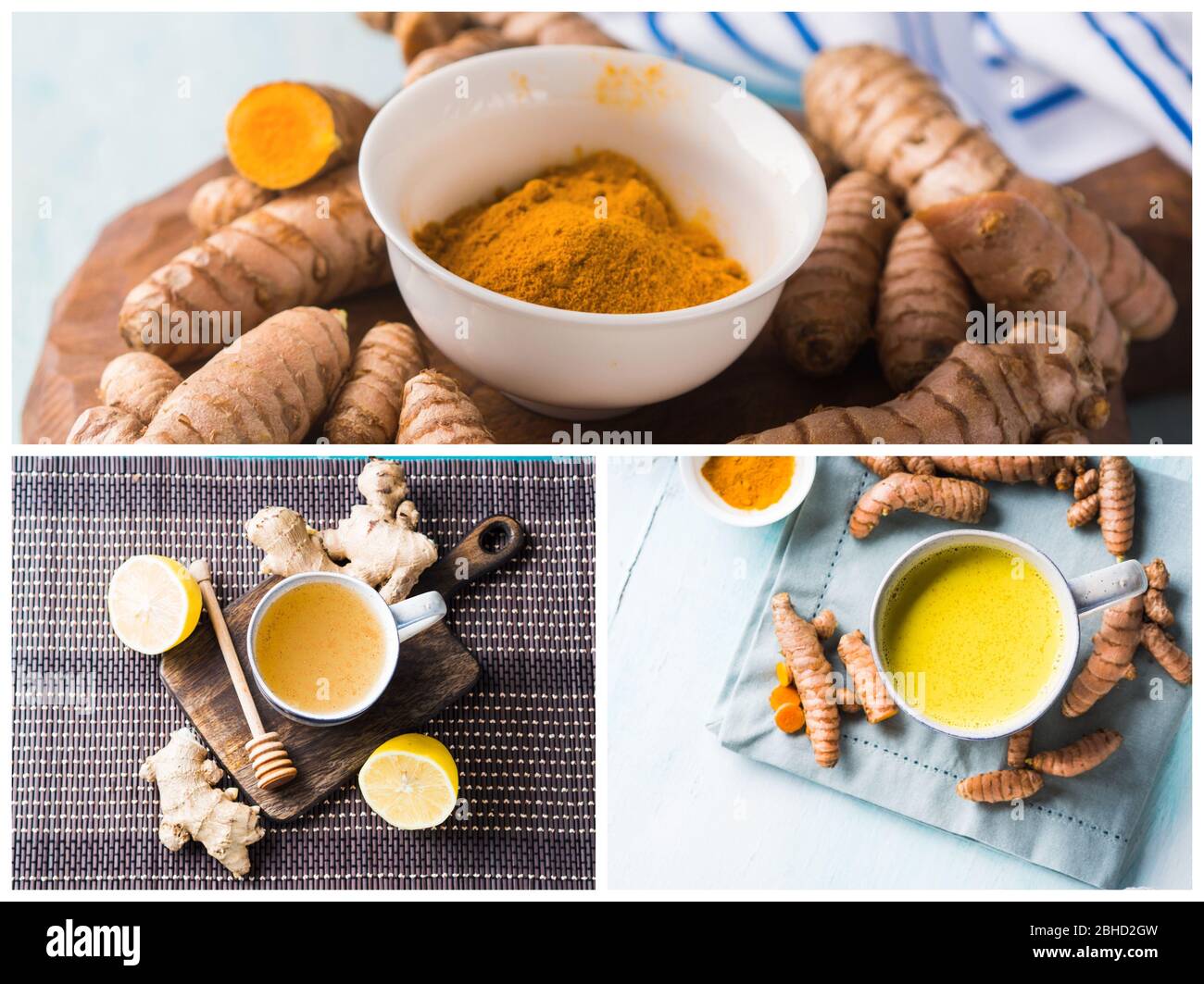 Ginger and curcuma drinks. Healthy remedy collage Stock Photo - Alamy