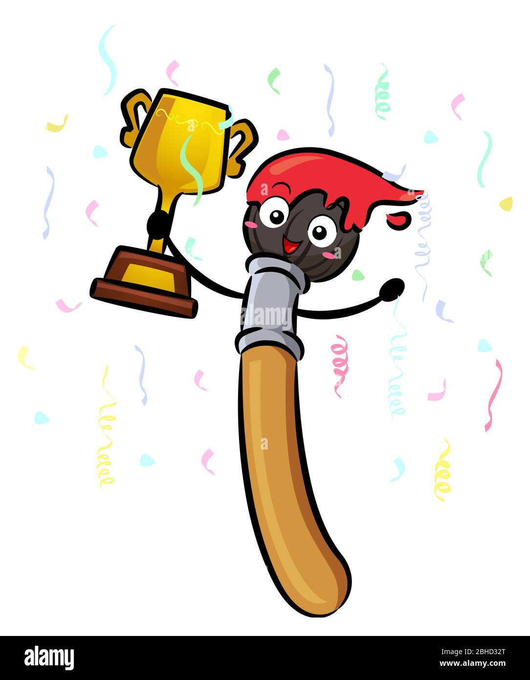 Illustration of Paintbrush Mascot Holding a Trophy with Confetti ...