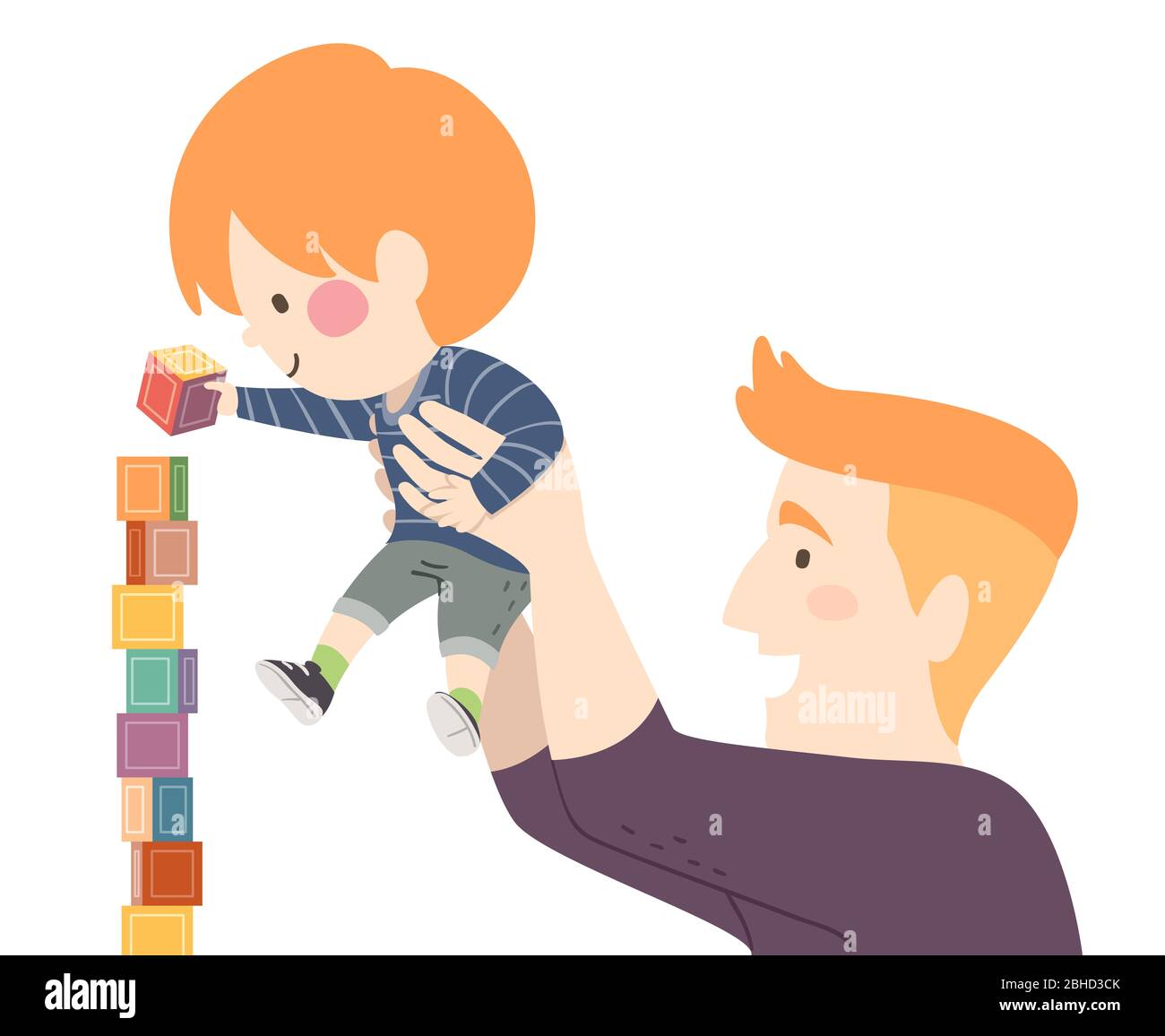 Illustration of a Man Carrying His Son, a Kid Boy Placing a Toy Block ...