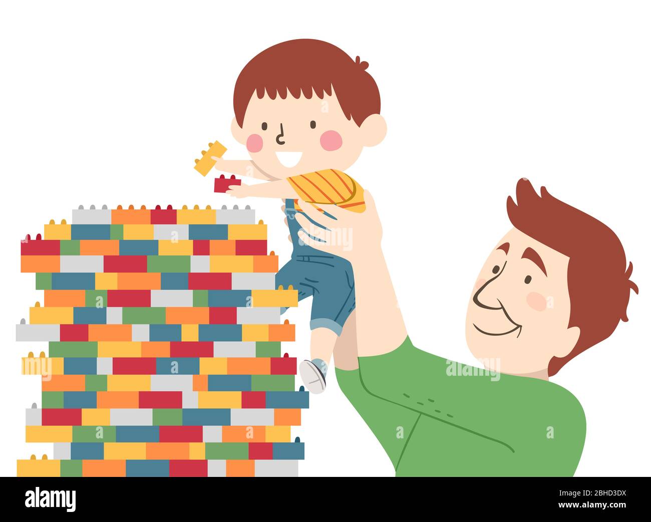Illustration of a Kid Boy Building a Tall Wall of Plastic Blocks with ...
