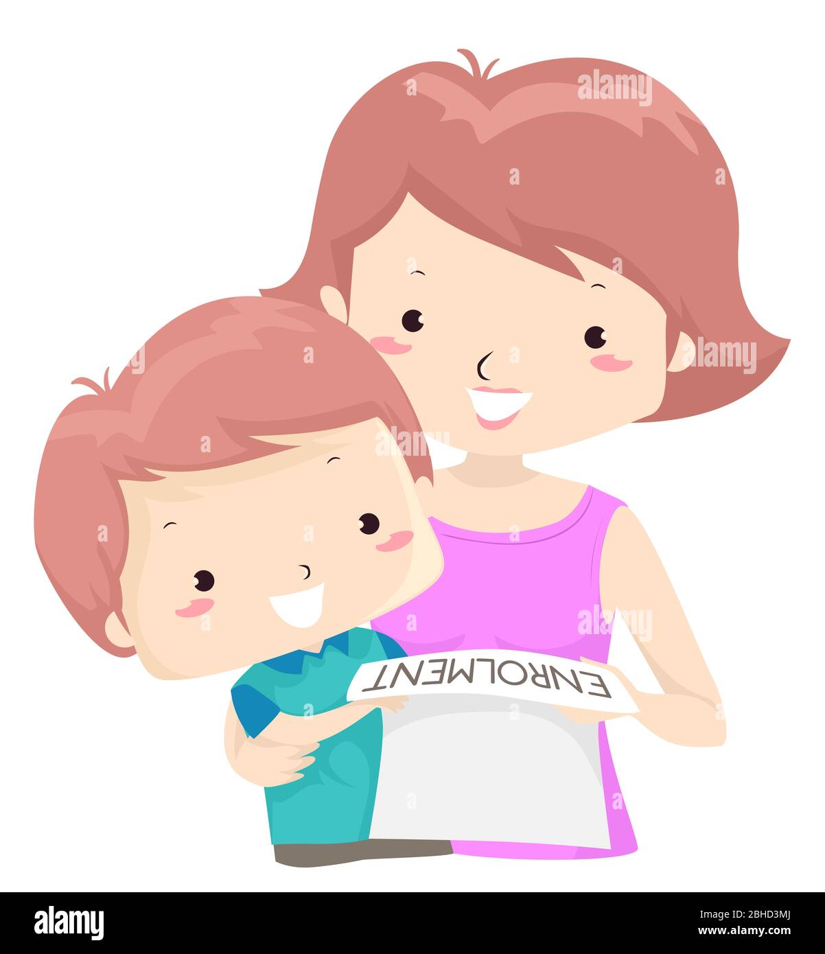 Illustration of a Kid Boy and His Mother Reading about Enrollment ...