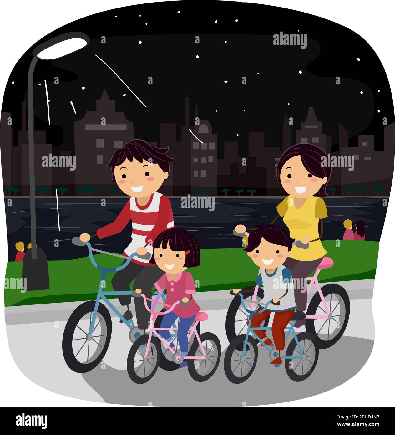 Illustration of Stickman Family Riding Bicycle at Night at the Park ...
