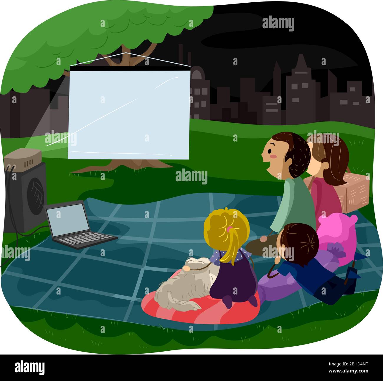 Illustration of Stickman Family in Night Picnic Watching Movie Outdoors ...