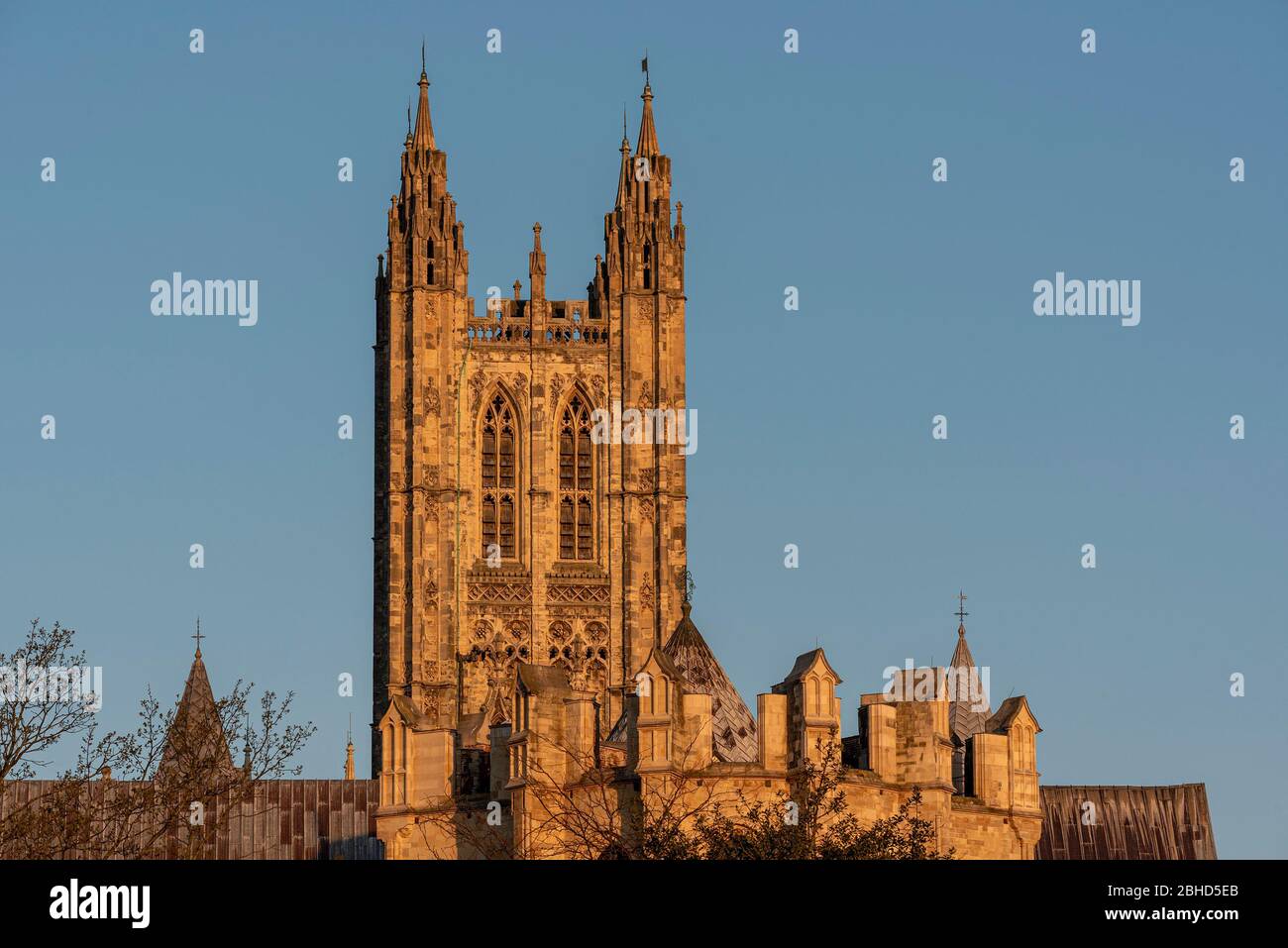 Bell Harry Tower, Canterbury Cathedral in early golden light Kent UK ...