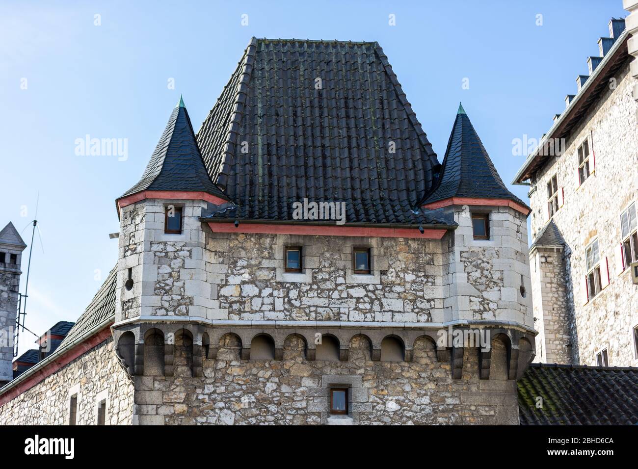 Low angle view at a tower of Stolberg castle in Stolberg, Eifel ...