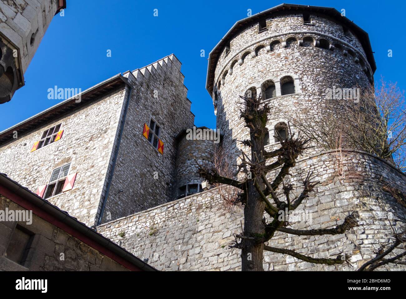 Low angle view at a tower of Stolberg castle in Stolberg, Eifel ...