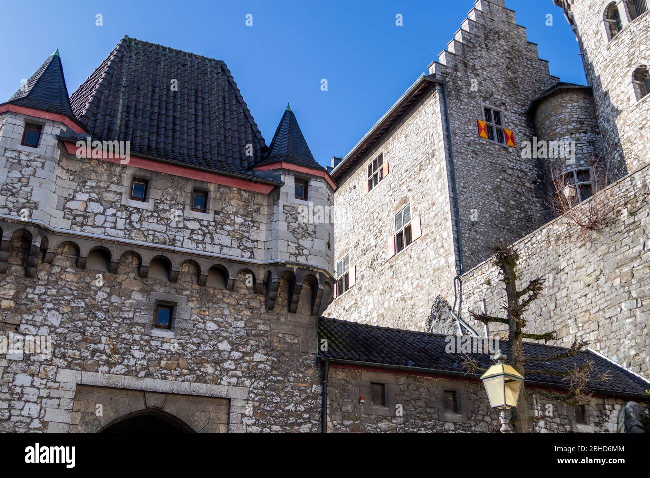 Low angle view at a tower of Stolberg castle in Stolberg, Eifel ...