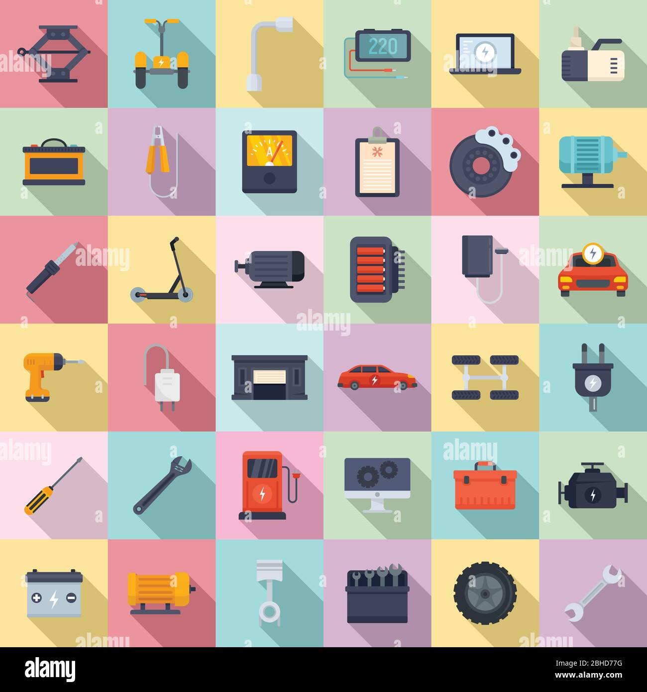 Electric vehicle repair icons set. Flat set of electric vehicle repair ...