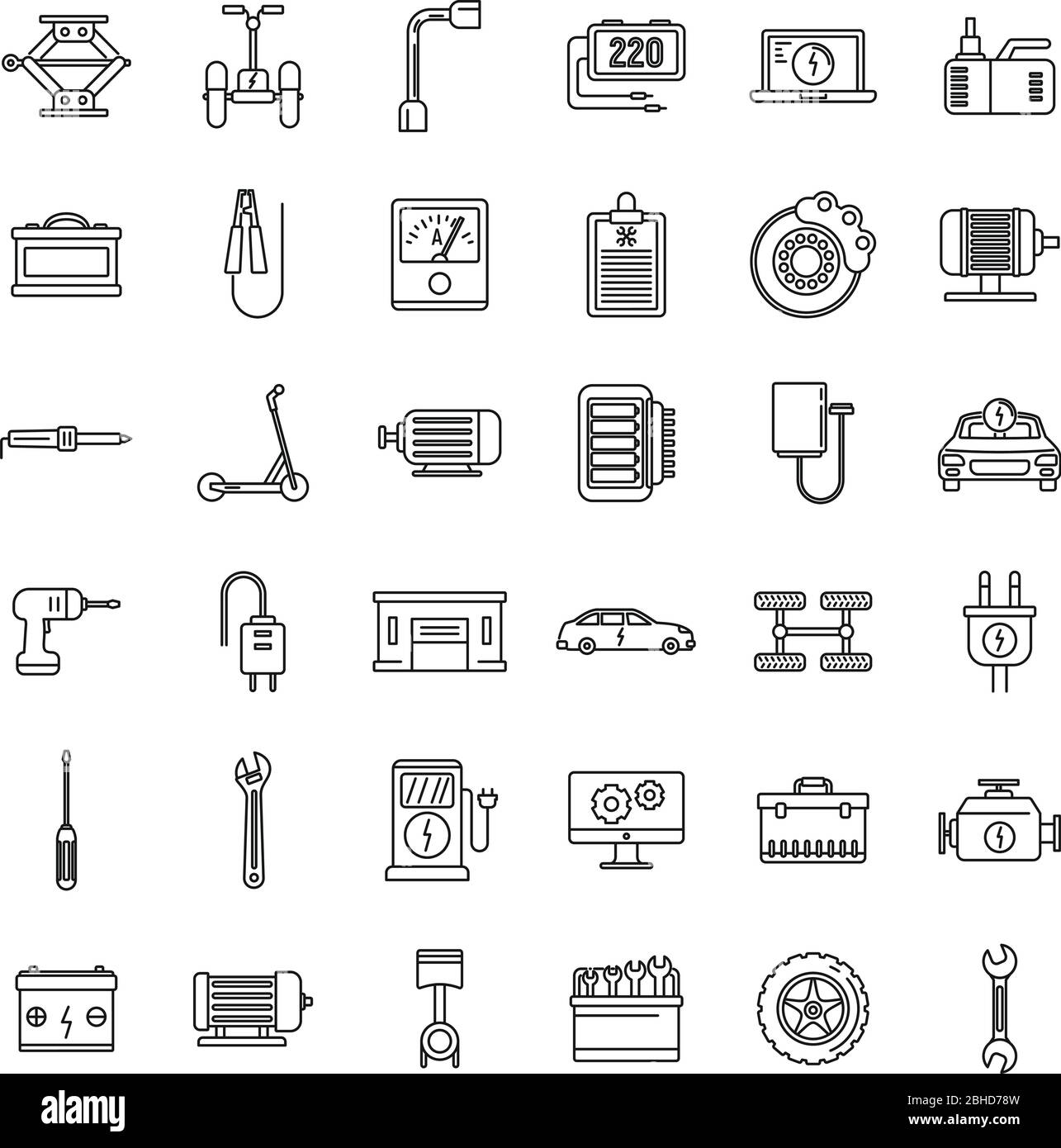 Electric vehicle repair service icons set. Outline set of electric ...