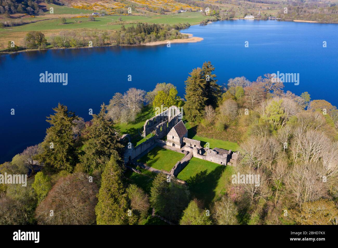 Aerial view of Inchmahome Priory on Inchmahome Island on the Lake of ...