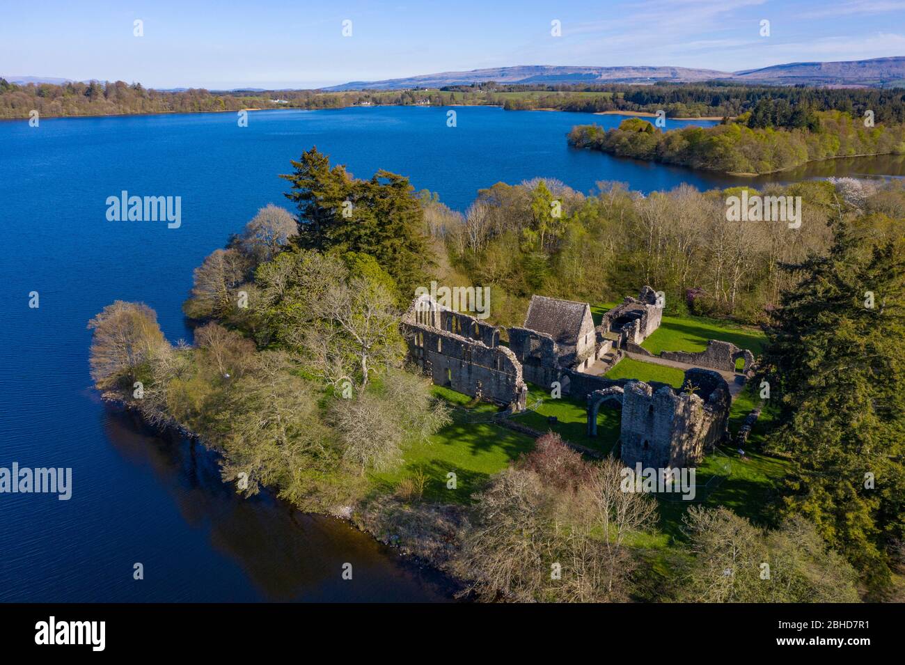 Aerial view of Inchmahome Priory on Inchmahome Island on the Lake of ...