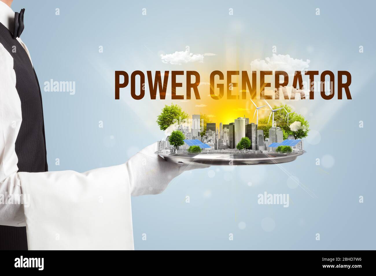 Waiter serving eco city with POWER GENERATOR inscription, renewabke ...