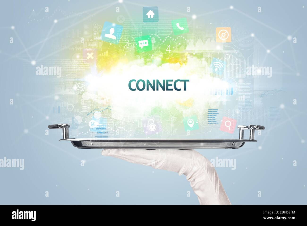 Waiter serving social networking concept with CONNECT inscription Stock ...