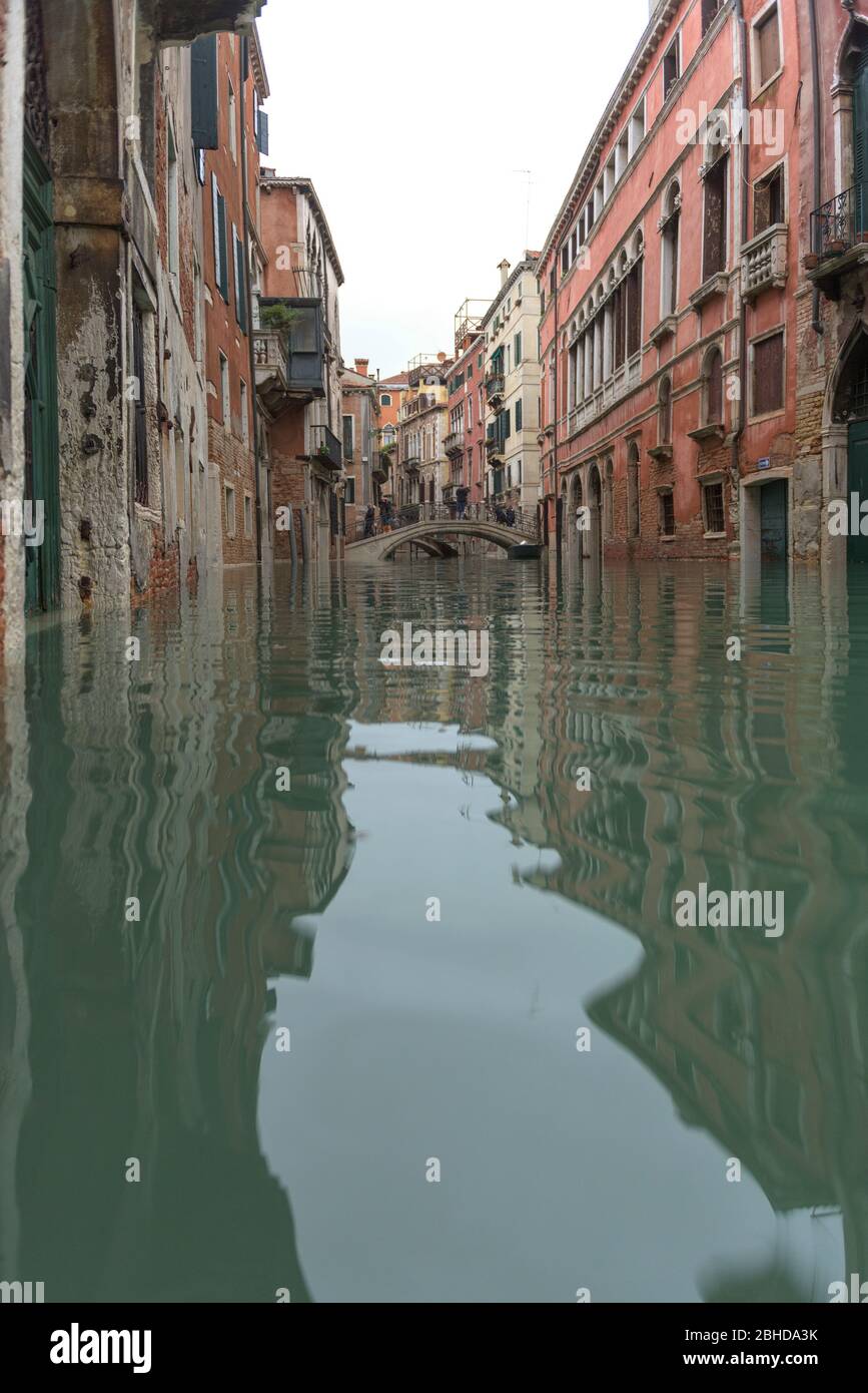Venice, Italy - 1 November 2018: acqua alta, view on a street has been ...