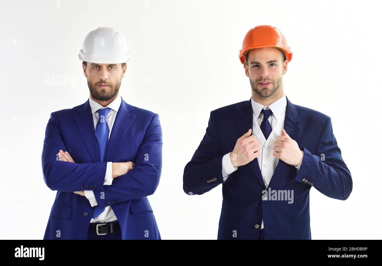 Engineers with beards and serious faces. Business partners are ...