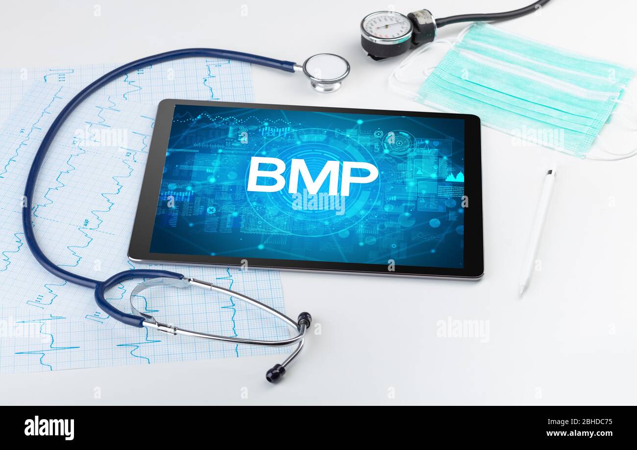 Close-up view of a tablet pc with BMP abbreviation, medical concept ...