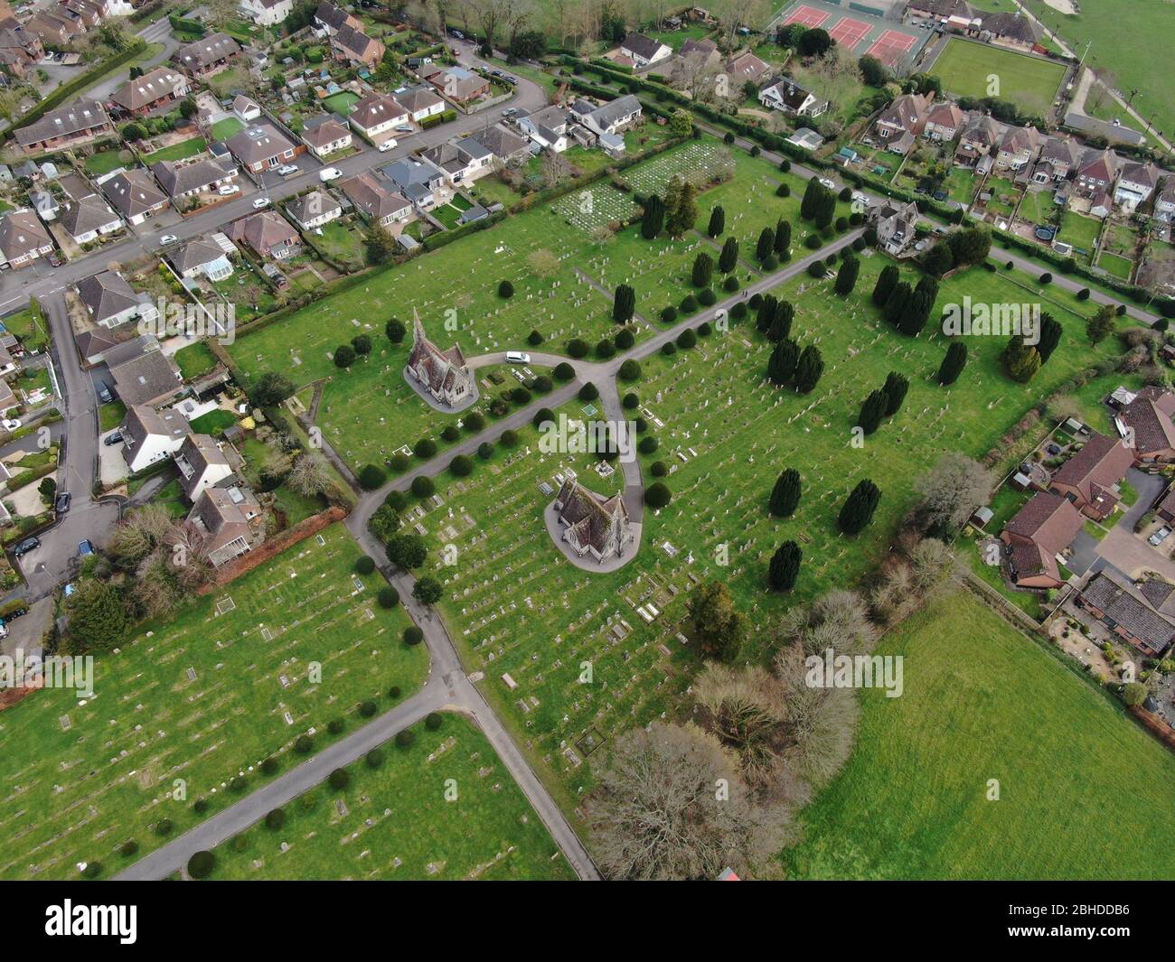 aerial view of Wimborne Minister cemetery showing twin chapel buildings ...