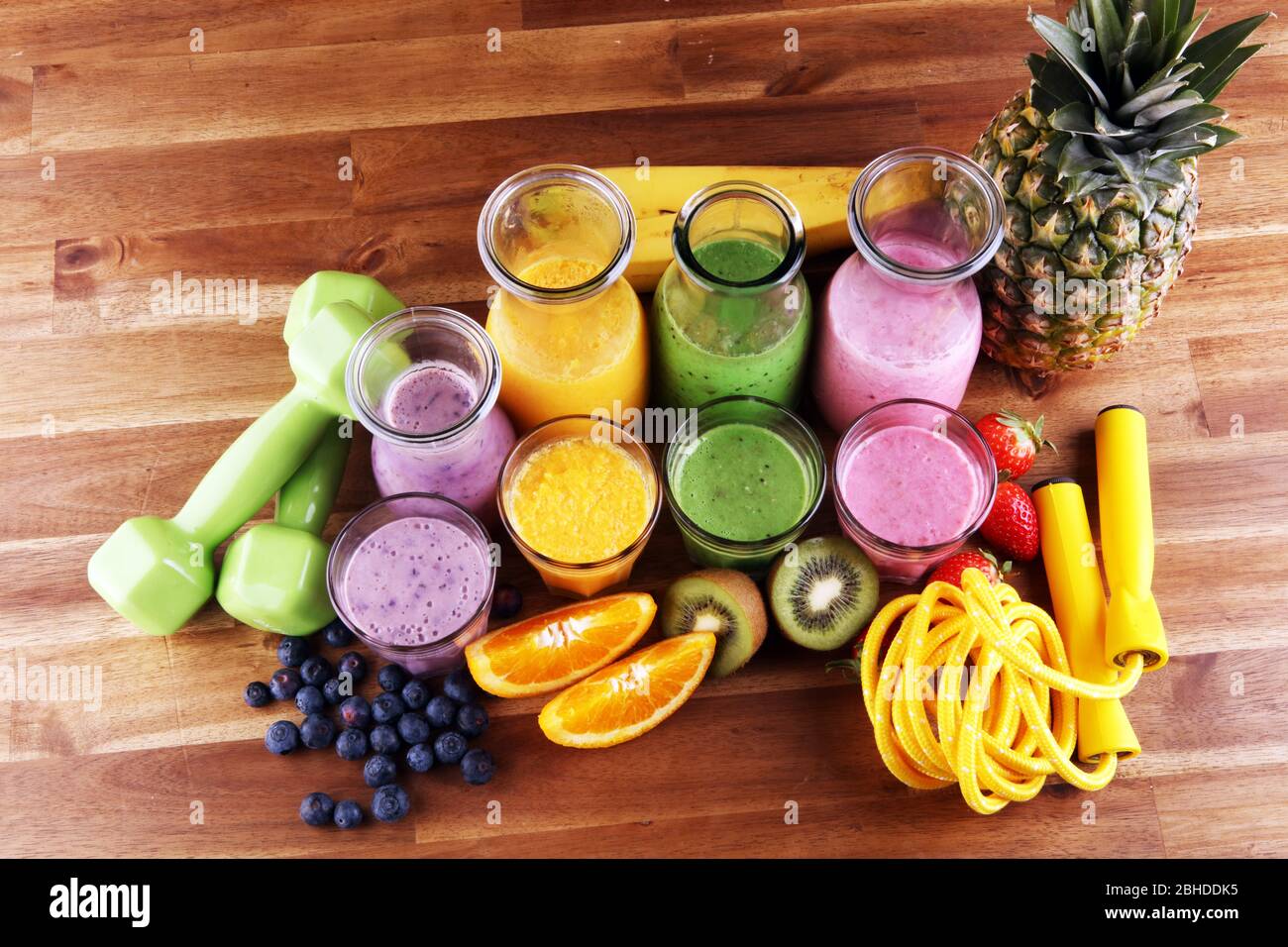 Smoothie variation. Healthy lifestyle concept. sport fitness equipment ...